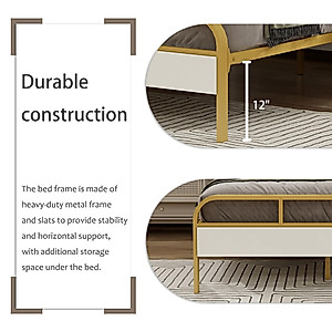 alazyhome Modern King Size Bed Frame, Metal Platform Bed with Velvet Upholstered Headboard, Steel Slats Support, Noise Free, Under-Bed Storage, Easy Assembly, Gold