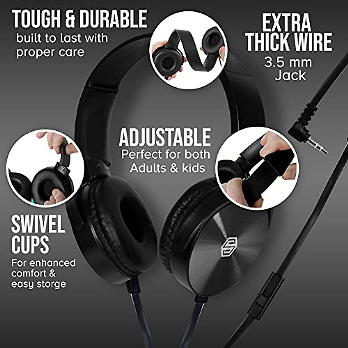 Classroom Headphones-Bulk 10-Pack, Student On Ear Comfy Swivel Earphones for Library, School, Airplane, Kids-for Online Learning and Travel, HQ Stereo Sound 3.5mm Jack (Black with Microphone)