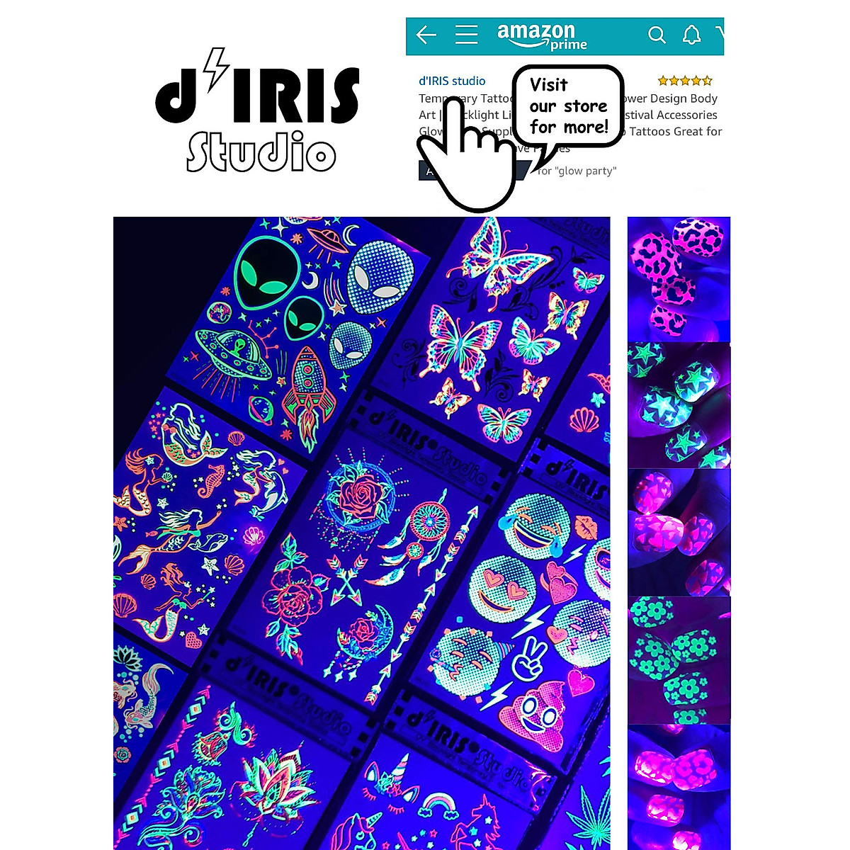 Temporary Tattoos for Glow Party UV Blacklight – 1 Sheet Lotus Floral Body Paint Art Light Festival Accessories Glow in the Dark Makeup | 7.2” x 5.2” Temp Great for EDM EDC Party Rave Parties