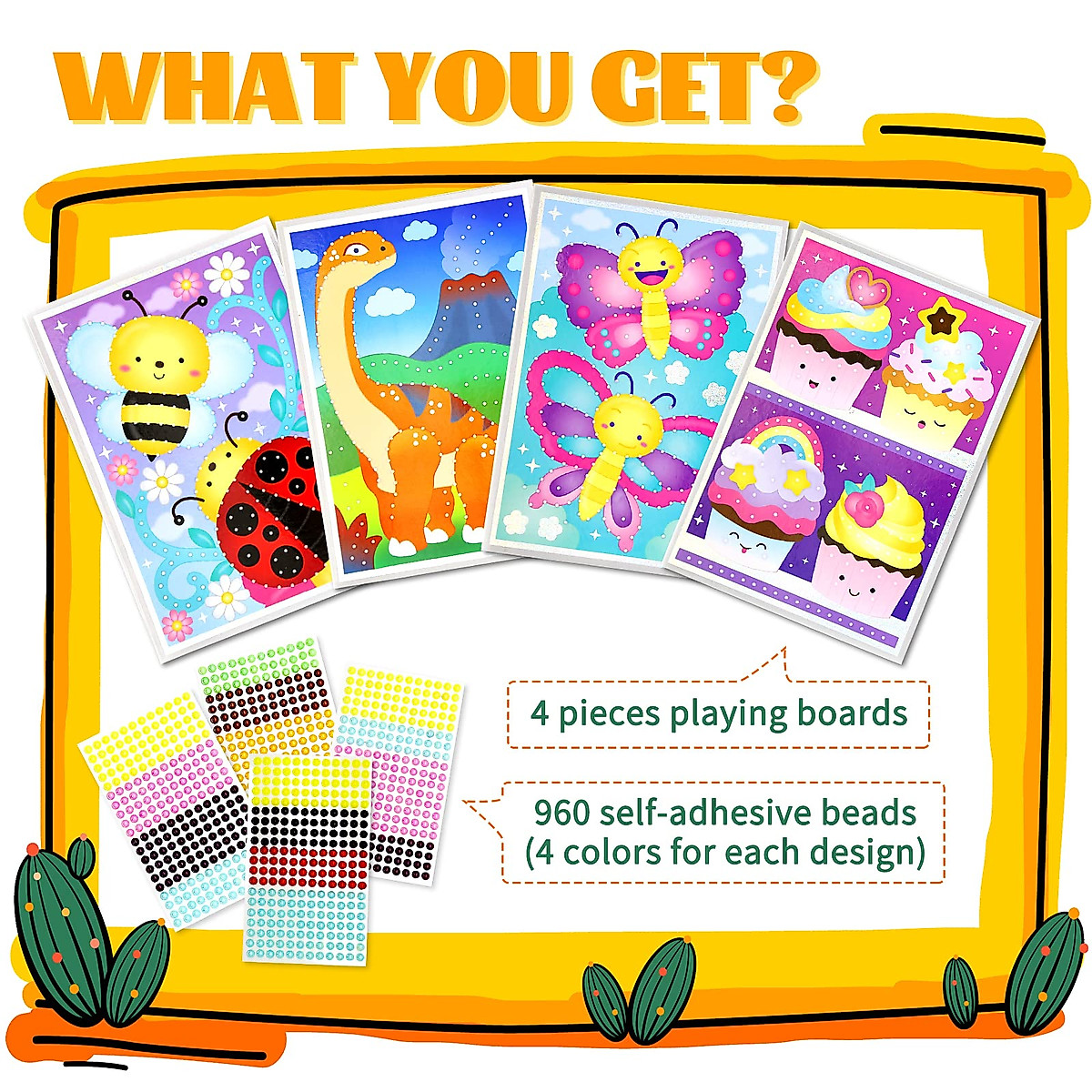 VKPI Bead Art Painting Kit for Kids, Diamond Bead Crafts Mosaic Kits, Preschool Learning Education Supply, Fun Toy for Kids Ages 4-8, Christmas Birthday Gifts, Easter Basket Stuffers, 4 Pieces