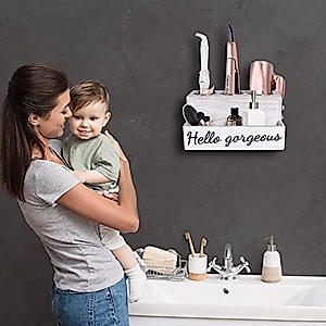 Rustic White Hair Dryer Holder, Hair Tool Organizer, Bathroom Supplies Countertop Storage Stand and Vanity Caddy for Blow Dryer Curling Iron Holder Hair Straightener Brushes Hair Styling Accessories