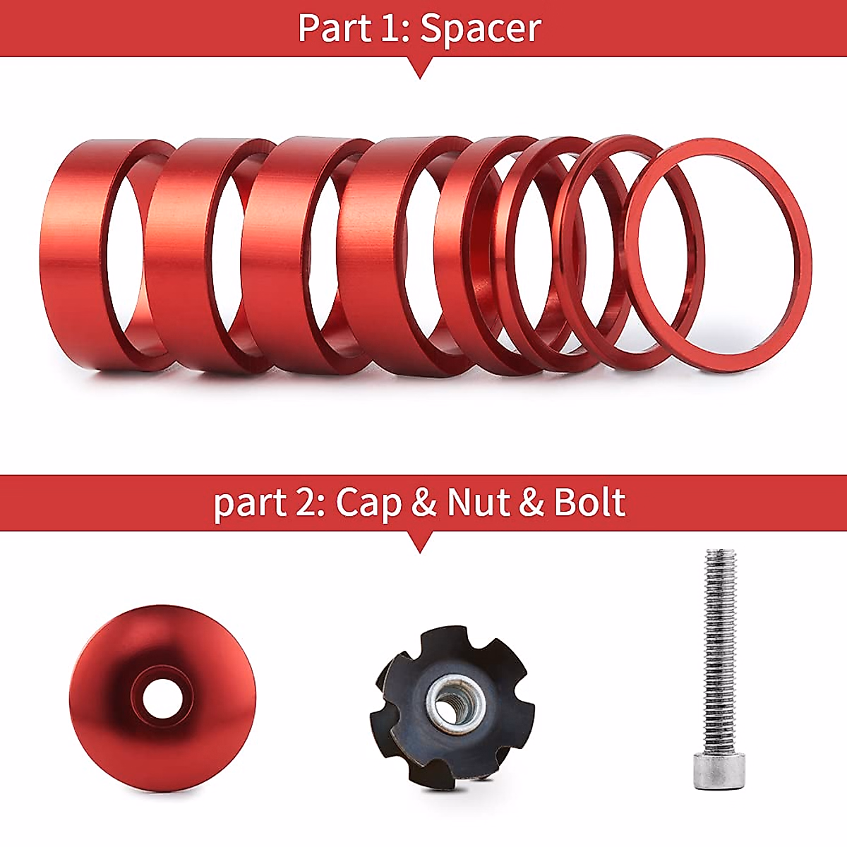 baluoqi Bicycle Headset Spacer 1-1/8 inch 28.6mm with Stem Top Cap(carbon fiber),Headset Star Nut and Long Titanium Bolt Aluminium Alloy MTB Road Bike Stem Headset Spacer(Red)
