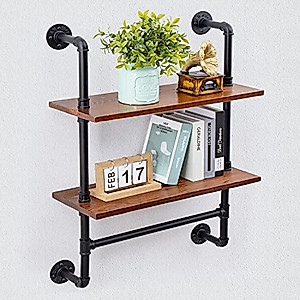 2 Tier Bathroom Floating Shelves with Industrial Pipe, 36 Inch Rustic Wood Wall Mounted Over Toilet Shelves with Towel Bar and Hooks, Wall Shelves for Bookshelf Kitchen Bar Living Room