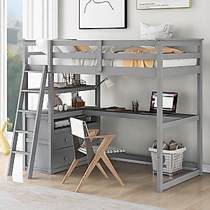 BIADNBZ Twin Size Loft Bed with Convertible Lower Square Seat,Solid Wood Bunkbed with L-Shape Desk,Shelves,Guardrails and Ladder,Furniture for Kids Teens Boys Girls Adults，Space-Saving Design，White