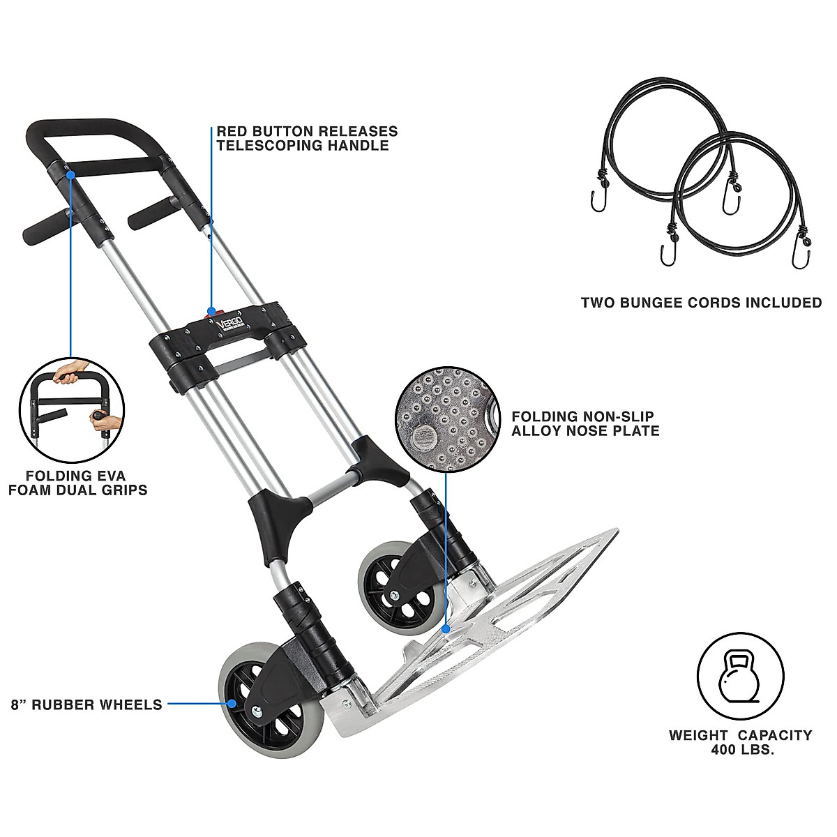 Vergo Industrial 400 lb Capacity Heavy Duty Folding Hand Truck Dolly Cart with Telescoping Handle, Aluminum Foldable Cart with Wheels (S300L)
