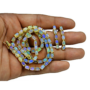 24.20 Carats Natural Ethiopian Welo Opal Cabochon Tennis Bracelet 925 Sterling Silver October Birthstone Jewelry Birthday Gift Love and Friendship Gift For Girlfriend Gift For Her (18 Inches, Sterling Silver)