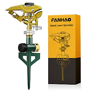 FANHAO Heavy Duty Pulsating Lawn Sprinkler on Spike Base, 100% Metal Impact Sprinkler with Adjustable Spray Pattern for Yard Lawn Irrigation, 360 Degree Large Area Coverage, Covers Up to 8500 sq. ft
