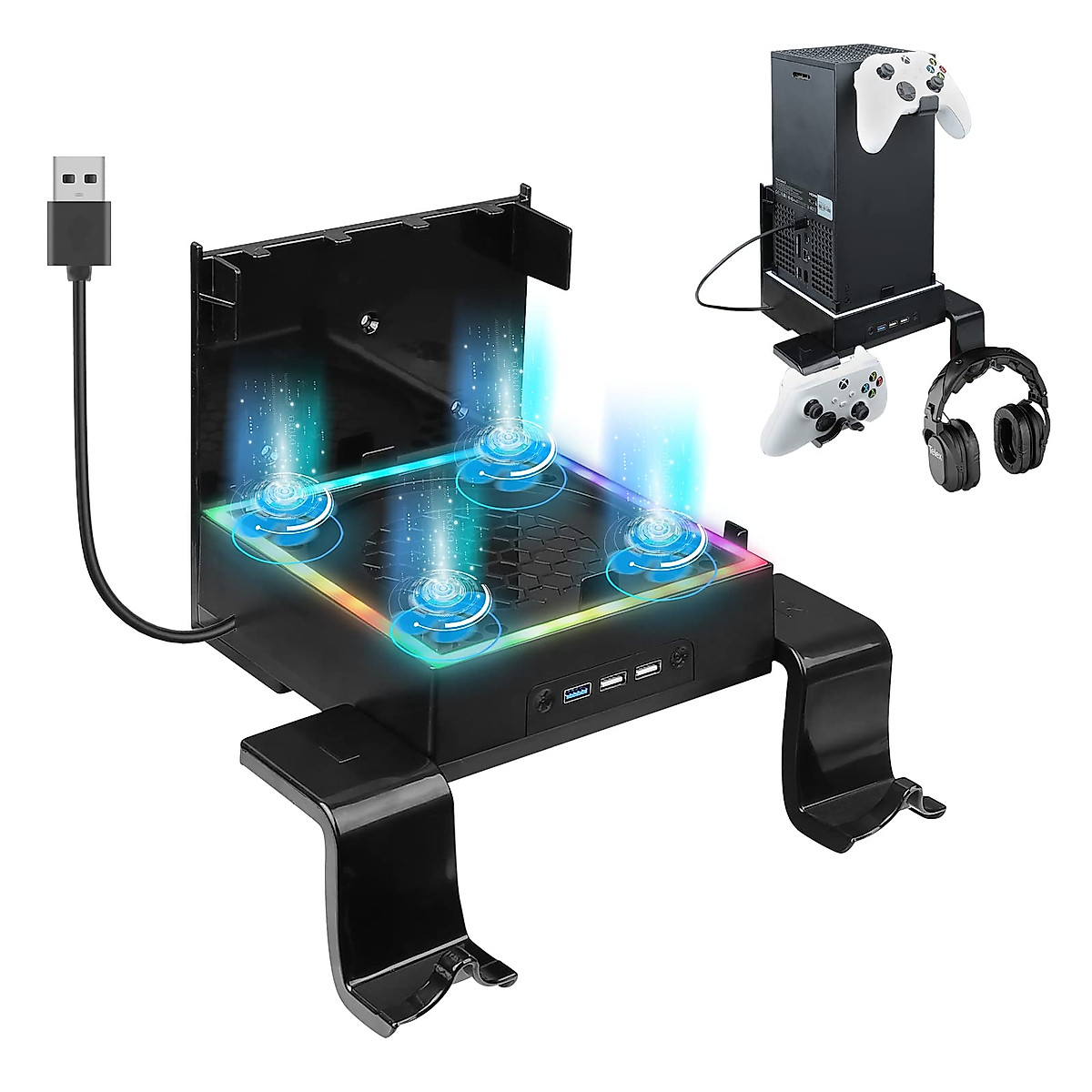 Raryars Wall Mount Cooling Fan for Xbox Series X with High Speed Low Noise Fan and 3 USB Port Xbox Series X Wall Mount Kit with Controller Holder & Headphone Hanger Touch Switch Holder Bundle