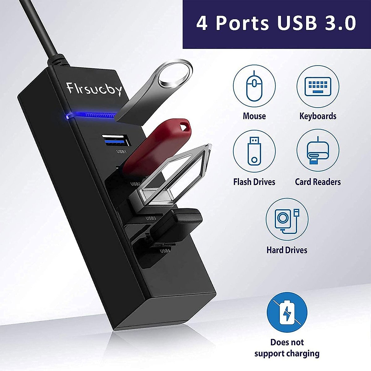 USB Hub 3.0 Flrsucby 4 Port USB 3.0 Hub with 1ft USB Splitter Cable Multi USB Port Expander, USB Hub for Laptop, PC, Mac, Printer, Mobile HDD, USB Flash Drive, School or Business Computer Accessories