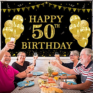 DARUNAXY Black Gold 50th Birthday Party Decorations, Happy 50th Birthday Banner Backdrop for Men Cheers to 50 Year Old Birthday Party Supplies, 6x3.6ft 50 Birthday Photography Background for Women