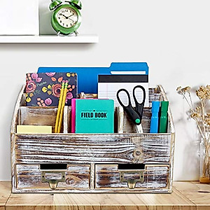 Excello Global Products Rustic Wood Office Desk Organizer: Includes 6 Compartments and 2 Drawers to Organize Desk Accessories, Mail, Pens, Notebooks, Folders, Pencils and Office Supplies (Brown)