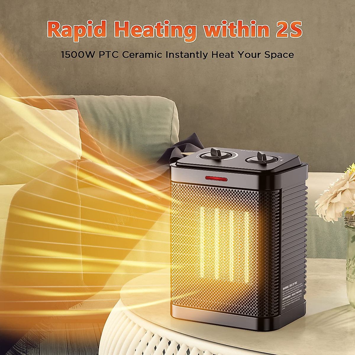 Faryuan Space Heater, Portable Electric Ceramic Heater, Small Space Heater with Thermostat, 2S Fast Heating, Overheating & Tip-Over Protection, 1500W Heater for Indoor Use, Office, Home