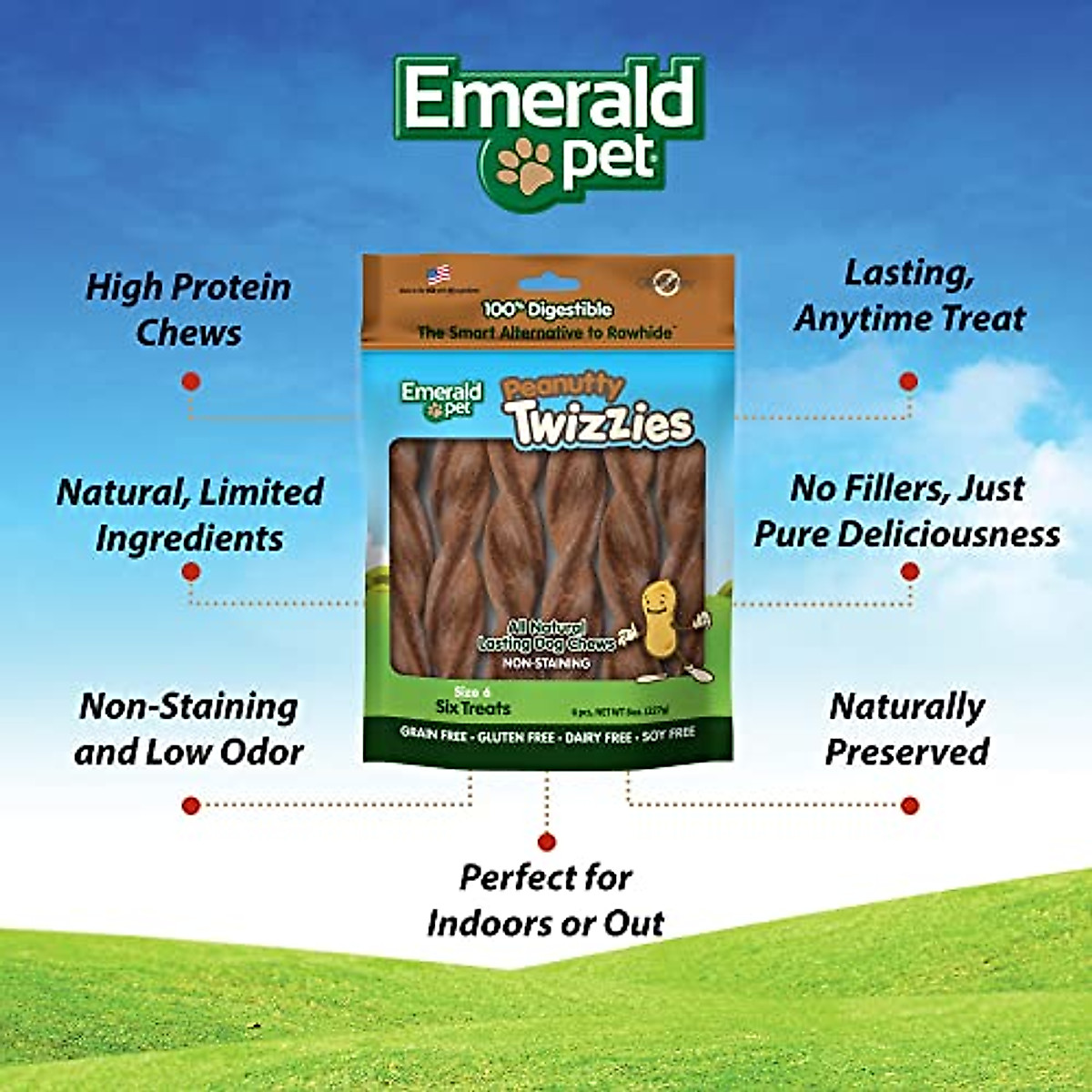 Emerald Pet Twizzies Rawhide Free 100% Digestible Natural Dog Lasting Chew Treats, Made in USA Size 6, Peanutty Peanut Butter Multipack