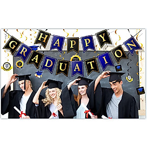 Graduation Party Decorations 2022, Happy Graduation Banner Garland Photo Backdrop Streamer and Blue graduation Cap, Proud of You Hanging Swirls for Ceiling Home Classroom
