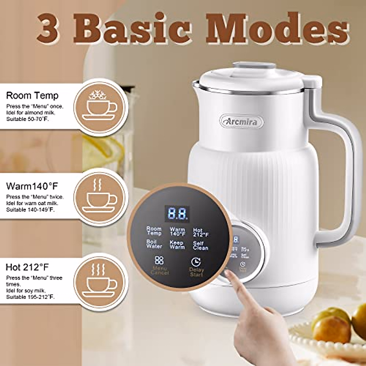 Arcmira Automatic Nut Milk Maker, 20 oz Homemade Almond, Oat, Soy, Plant-Based Milk and Dairy Free Beverages, Almond Milk Maker with Delay Start/Keep Warm/Boil Water, Soy Milk Maker with Nut Milk Bag, White