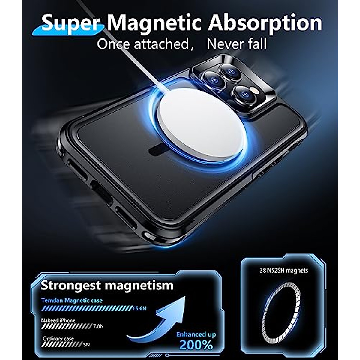 Temdan Magnetic for iPhone 14 Pro Case,[Compatible with MagSafe][Glass Screen Protector+Camera Lens Protector] Non-Slip Full-Body Shockproof Phone Case-Black