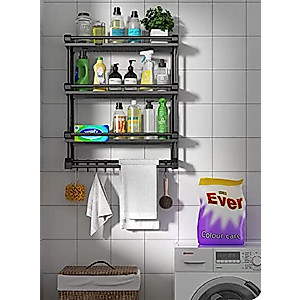 Shower Caddy Shelf Black No Drilling Shower Organizer with Hook Towel Bar Adhesive Rustproof Steel Shower Storage Shelves Adhesive Rack for Bathroom Washroom (Black)