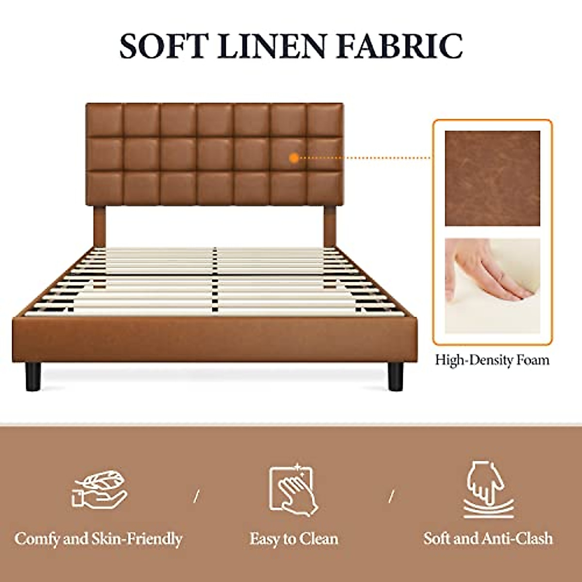 Yaheetech Upholstered Platform Bed Frame with Square Tufted Faux Leather Headboard Height Adjustable, Mattress Foundation Wooden Slats Support No Box Spring Needed, Amber Brown-Queen