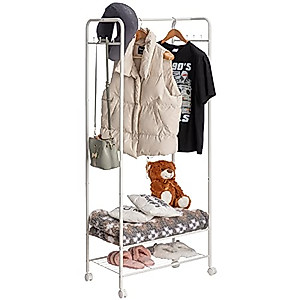 DOEWORKS Metal Garment Wire Rack With 2 Tier Storage Shelves for Large Capacity, Freestanding Clothes Hanger Storage Rolling Rack for Home, White