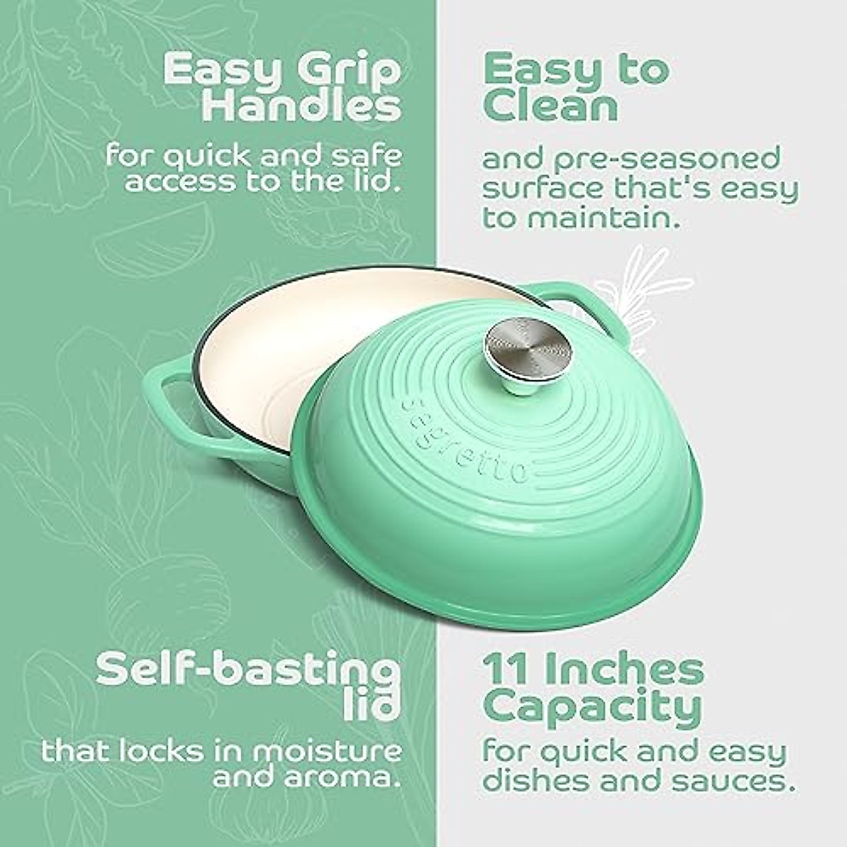 Enameled Cast Iron Bread Pan with Lid 11” Green Bread Oven Cast Iron Sourdough Baking Pan, Dutch Oven for Bread, No Seasoning Needed-Segretto Cookware