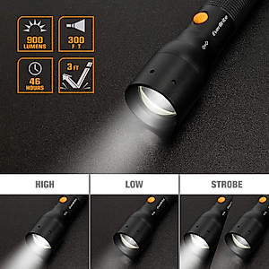 EverBrite Ultra Bright Tactical Flashlight, 900 Lumen Zoomable Adjustable Focus, 3 Light Modes, Heavy-Duty Aluminum Torch for Hurricane Supplies Camping, Includes 3C Alkaline Batteries