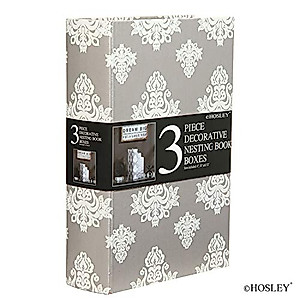 HOSLEY Storage Memory Book Box Set /3, Gray White Farmhouse Large 12", Med 10" Small 8" High. Ideal Gift for Wedding Memories Jewelry Trinket Hobby Keepsake