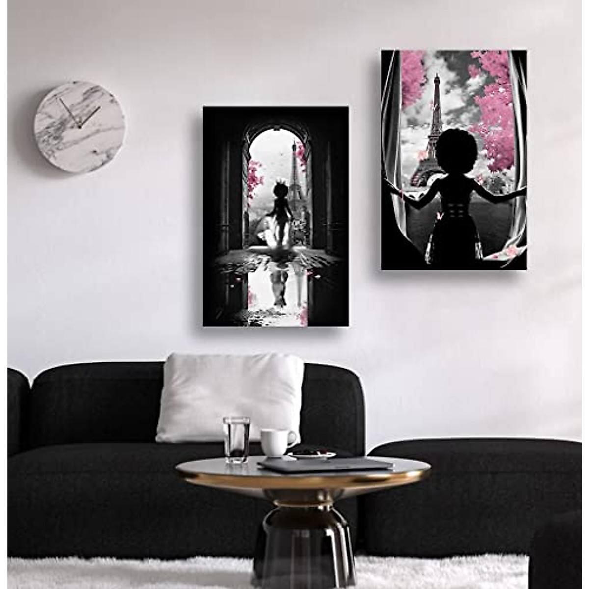 African American Wall Art Black Girl Pink Flowers Canvas Prints Modern Black and White Wall Art Fashion Paris Decoration Pictures Painting Framed Artwork Home Decor for Bedroom Bathroom 16x24inch
