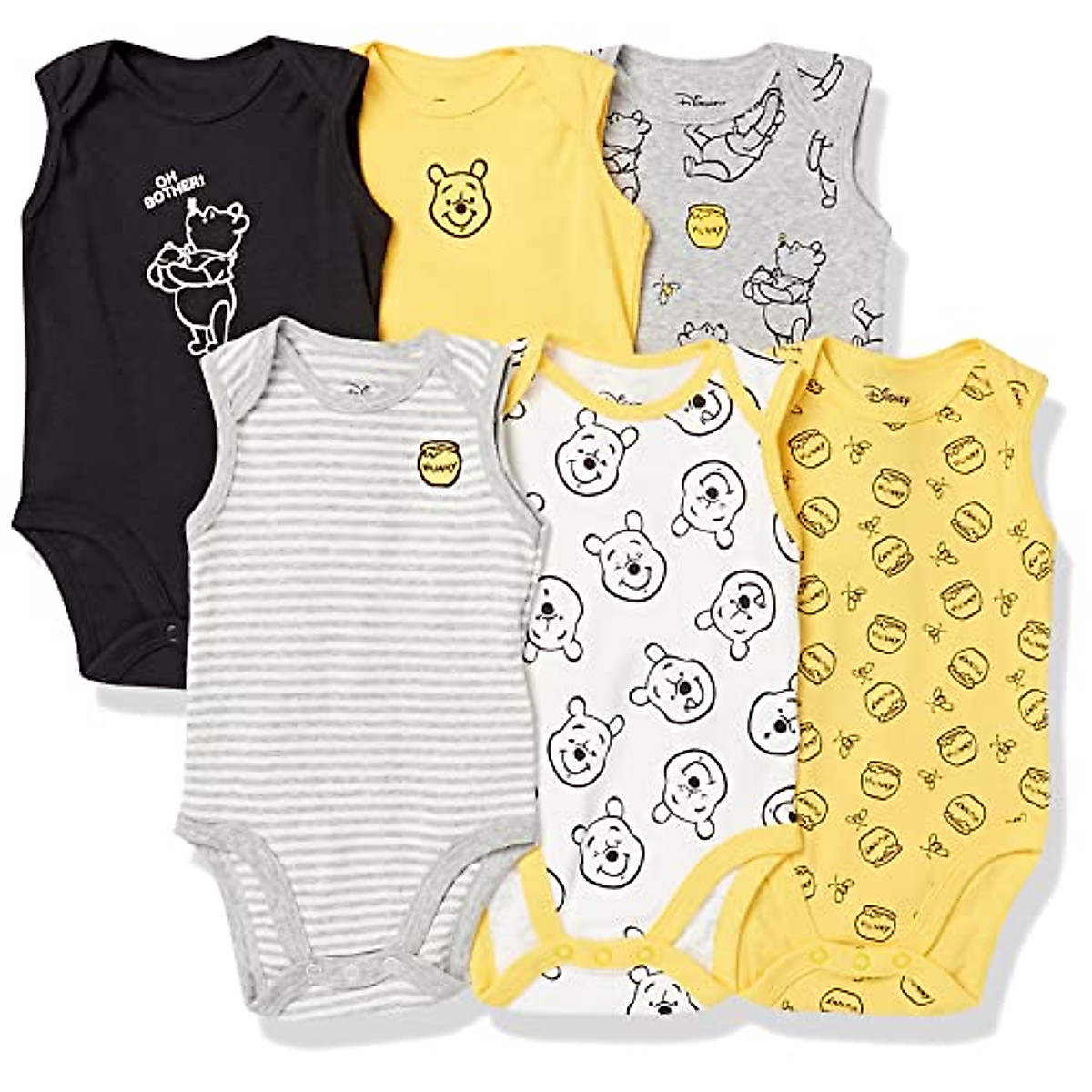 Amazon Essentials Disney | Marvel | Star Wars Unisex Babies' Sleeveless Bodysuits, Pack of 6, Winnie the Pooh Oh Bother!, 24 Months