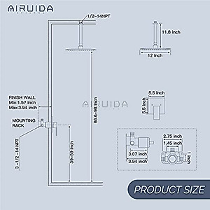 Airuida Matte Black Shower Faucet Set 12 Inch Square Shower Head and Handle Set Single Function Shower Trim Kit Ceiling Mount Bathroom with Male Threads and Rough-in Valve