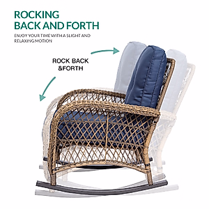 VIVIJASON 2 Piece Patio Wicker Rattan Rocker Chair, Outdoor Rattan Rocker Chair with Cushions & Steel Frame, All-Weather Rocking Lawn Wicker Furniture for Garden Backyard Porch (Navy Blue)