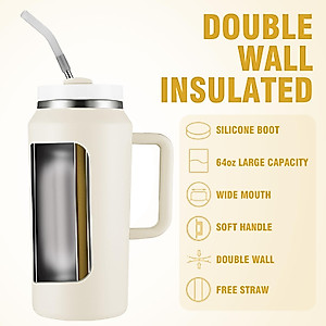 PlanetFlame 64oz Insulated Tumbler with Handle, Stainless Steel Double Wall Vacuumn Water Bottle, Lid and Straw for School, Gym, Hiking & Camping, Cream