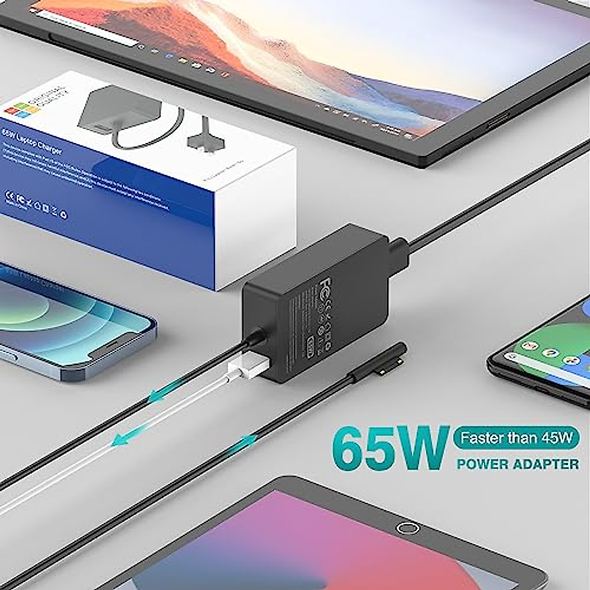 65W Surface Pro Laptop Charger for Microsoft Surface Pro 9, 8, 7+, 7, 6, 5, 4, 3, X, Windows Surface Laptop 5, 4, 3, 2, 1 Studio, Surface Go Tablet, Surface Book 3, 2, 1, Support 44W, 36W, LED, 10FT