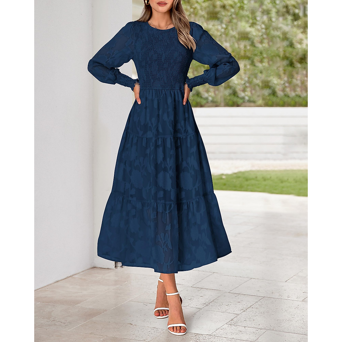 BTFBM Casual Women's 2025 Fall Dresses Elegant Wedding Guest Dress Long Sleeve Floral Midi Dress Flowy Bohemian Long Dress(Dark Blue,Small)
