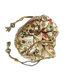 CRAFT BAZAAR Women Indian Potli Bag, Drawstring Bucket Bag With Pearls Wristlet For Weddings, Parties, Brides