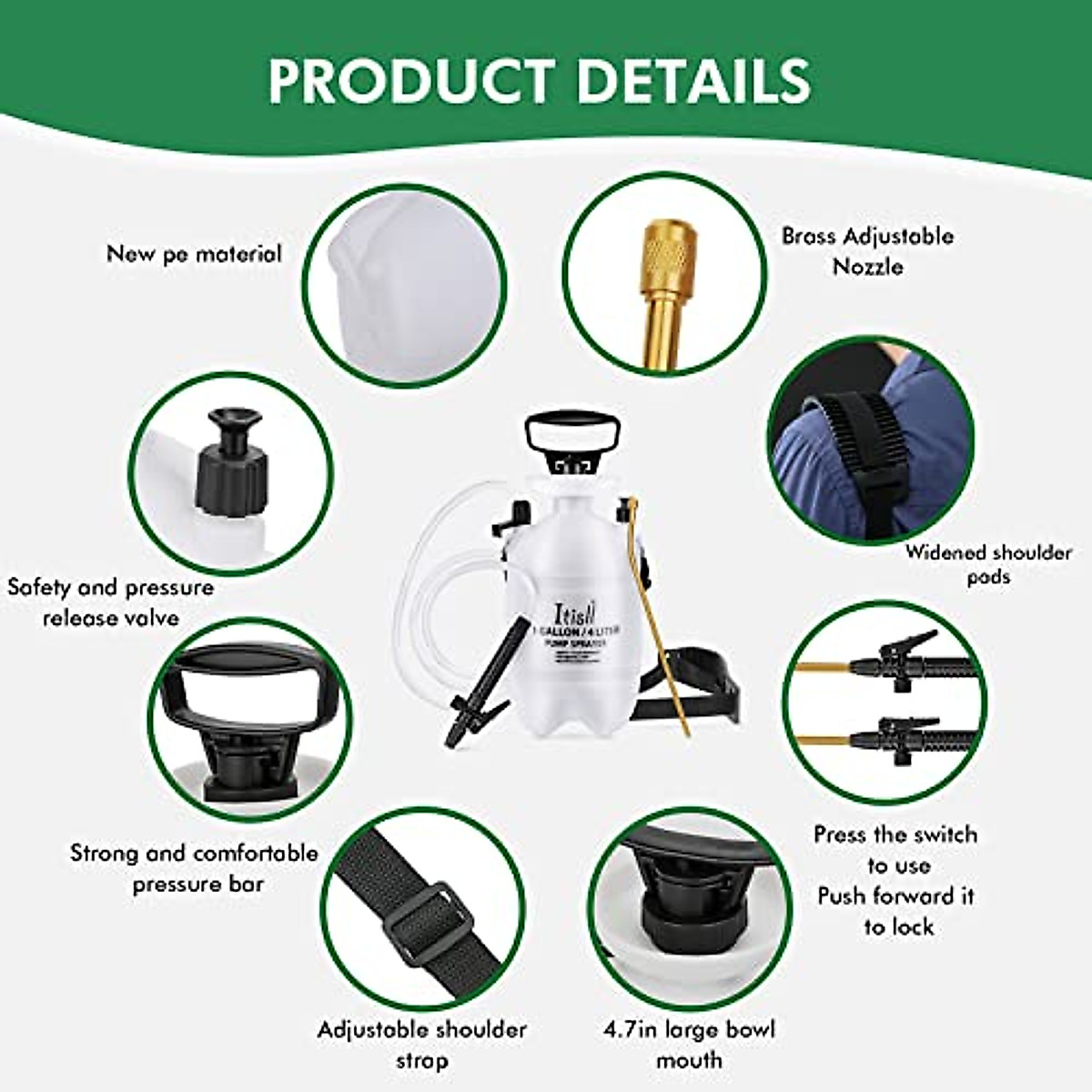 Itisll Portable Garden Pump Sprayer Brass Wand Shoulder Strap for Yard Lawn Weeds Plants 1Gal