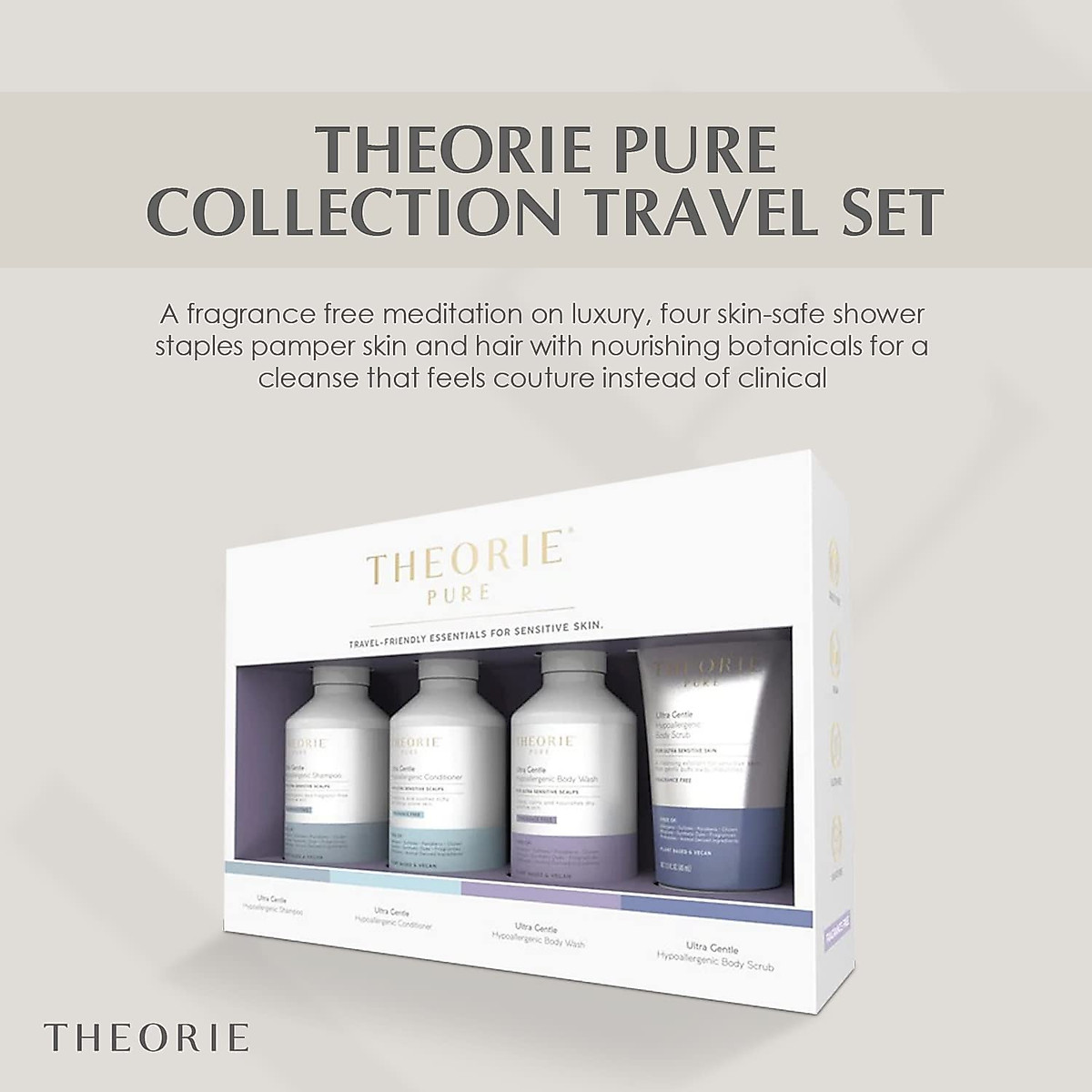 THEORIE PURE Travel Size Toiletries Set - Hypoallergenic Shampoo, Conditioner, Body Wash & Face Scrub - Fragrance-Free, No Sulfates or Parabens - Clean Beauty Essentials for Hair & Skin
