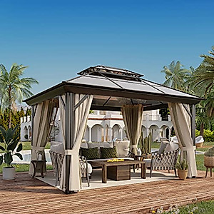 GAZEBEST 10'x13' Hardtop Gazebo Outdoor Polycarbonate Double Roof Patio Gazebo Aluminum Frame Gazebo Canopy with Netting and Curtains,for Garden Patio,Patio Backyard,Deck and Lawns