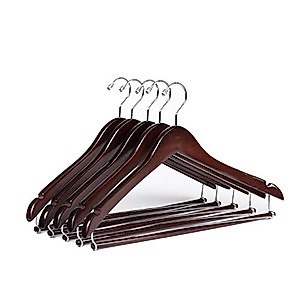 Quality Hangers 10 Wooden Curved Hangers Beautiful Sturdy Suit Coat Hangers with Locking Bar Chrome Hooks (10)