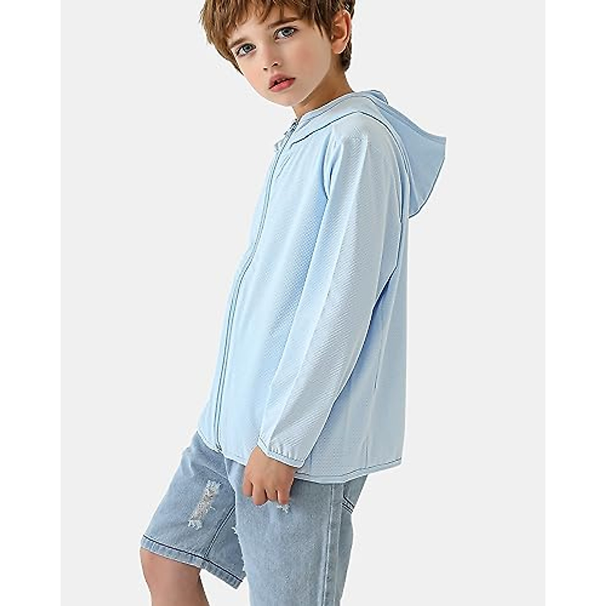 Auranso Kids Zip-Up Hoodie Girls Boys UPF50+ Sun Protection Jacket Hooded Cooling Shirt Light Blue 3-4T