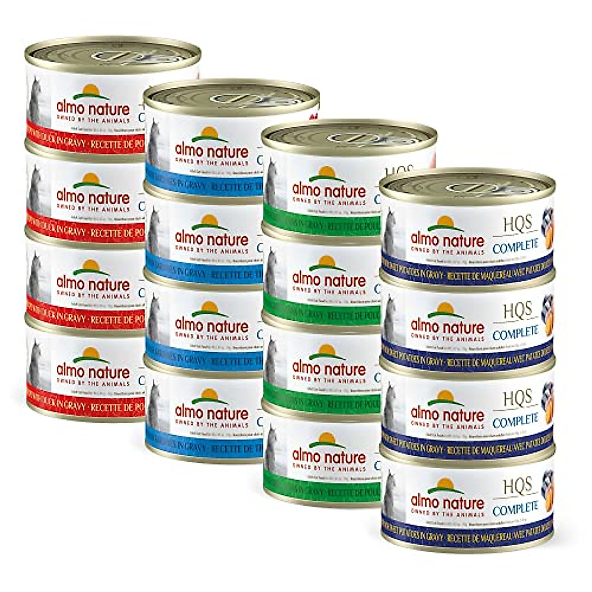 Almo Nature HQS Natural Variety Pack Grain Free, Additive Free Recipes - Chicken w/Duck (6); Tuna w/Sardines (6); Chicken w/Green Beans (6); Mackerel w/ Sweet Potatoes (6) Adult Cat Canned Wet Food