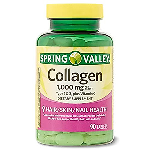 Improve Your Skin Elasticity and Joint Health with Spring Valley Collagen Type 1 & 3 + Vitamin C Dietary Supplement - 1,000mg Tablets, 90 Count. Includes Luall Fridge Magnetic