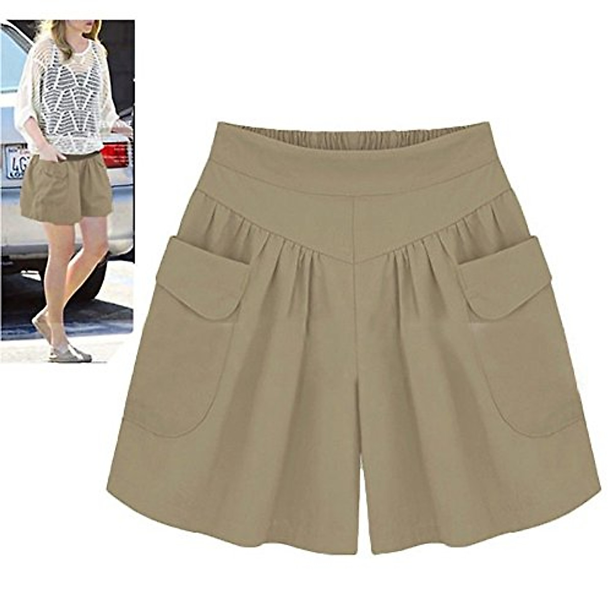Hot Sale Drawstring Shorts, Thenlian Women Plus Size Solid Loose Hot Pants Pockets Lady Summer Casual Shorts (2XL, Khaki)