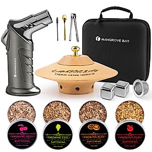 Cocktail Smoker Kit with Torch, Old Fashioned Smoker Kit for Bourbon Whiskey Drink, with 4 Flavor Wood Chips, Vodka/Gin/Tequila/Rum Liquor Gifts for Whiskey Lovers, Father(No Butane)