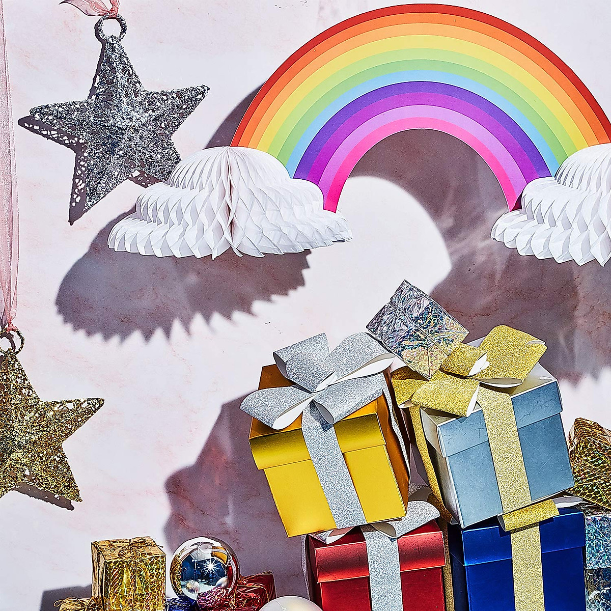 WILLBOND Rainbow Honeycomb Paper Centerpiece Rainbow Cloud Centerpieces No Crease Converting Rainbow Centerpieces for Christmas Birthday Party Tables Decoration(4 Pieces)