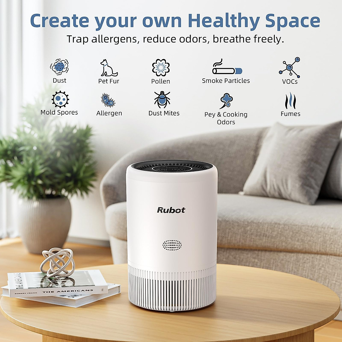 Rubot H13 True HEPA Air Purifiers for Large Room, Air Purifiers with H13 HEPA Filter, 3D Filter, 3 Speed Modes, for Home Office(WHITE)