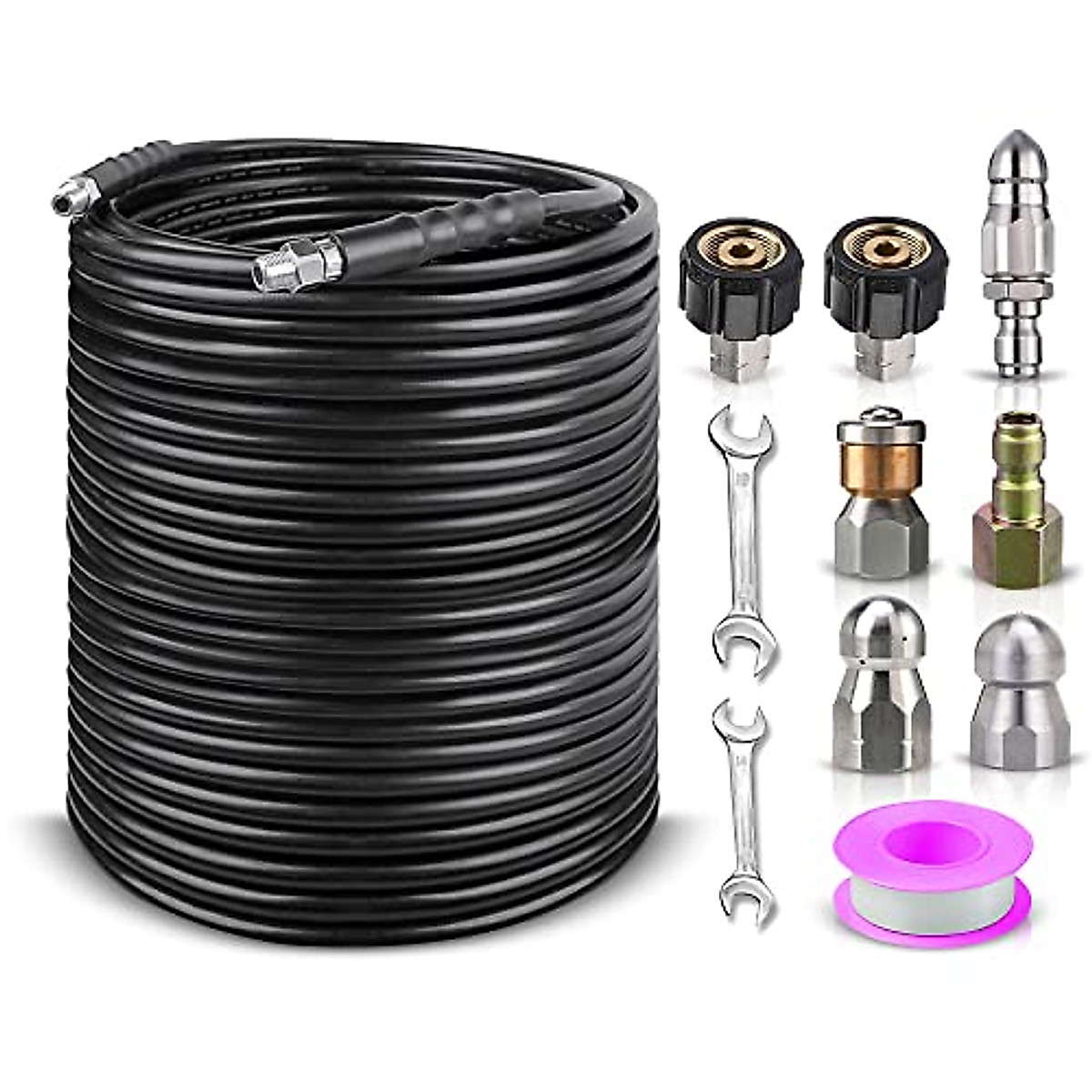 Sewer Jetter kit for Pressure Washer, 150 feet Hose, 1/4 Inch Drain Cleaning Hose,Button Nose & Rotating Sewer Jetting Nozzle,Sewer Jet kit for Pressure Washer,Jetter Hose, 4.5, 5.5, 4000 PSI (Black)