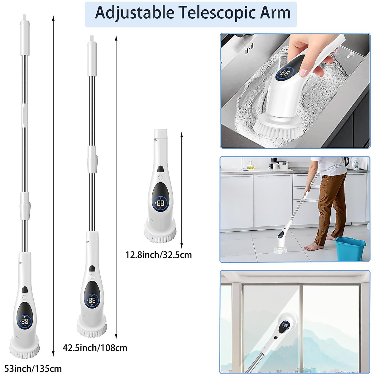 Electric Spin Scrubber, Cordless Cleaning Brush with Adjustable Extension Arm 9 Replaceable Cleaning Heads, LED Screen Voice 3 Adjustable Speeds Power Shower Scrubber for Bathroom, Tub, Tile, Floor