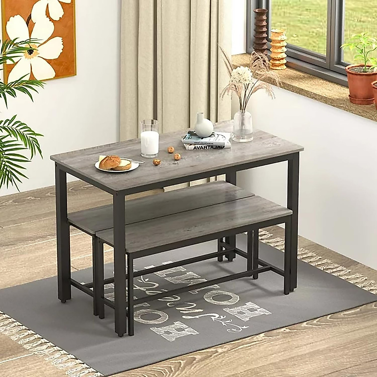 SumKea 3-Piece 4 Bar 2 Dining Benches, 43.3'' Wood Kitchen Table & Chair Set for Breakfast Nook and Small Space, Grey