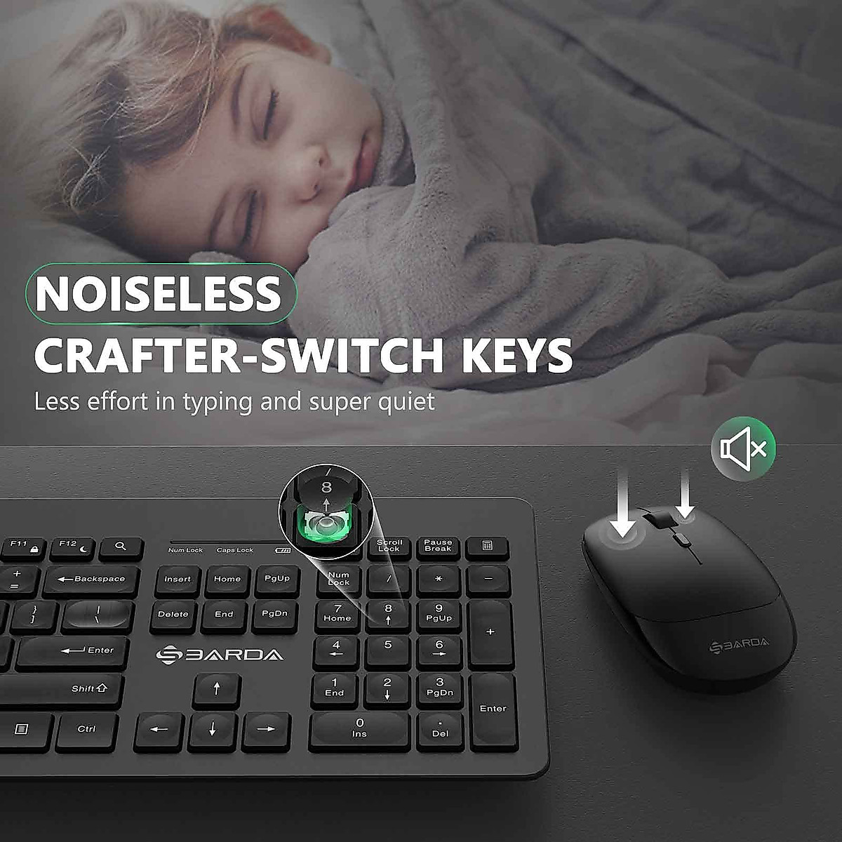 Wireless Keyboard and Mouse Combo, SBARDA Full Size Compact Silent 2.4 GHz Wireless Keyboard and Mouse with 13 Multimedia and Shortcut Keys for Desktops/Laptops/Mac, Black
