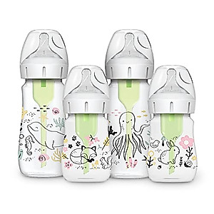 Dr. Brown’s Natural Flow® Anti-Colic Options+™ Wide-Neck Baby Bottle Designer Edition Bottles, Ocean and Woodland Design, 9 oz and 5oz, Level 1 Nipple, 4-Pack, 0m+